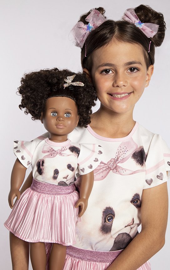 Conjunto Menina Infantil Panda Saia com shorts Marthiê Menina e Boneca